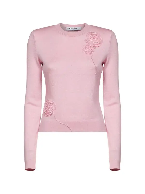 SELF-PORTRAIT Pink Knit Jumper With Flowers Detail - Multicolor