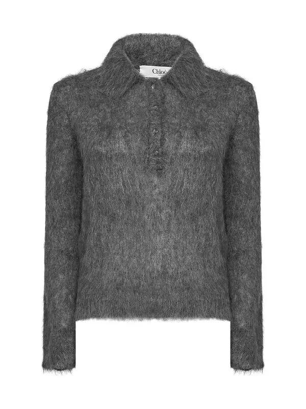 Chloé Smoky Grey Alpaca Blend Brushed Knit Polo Shirt - Multicolor