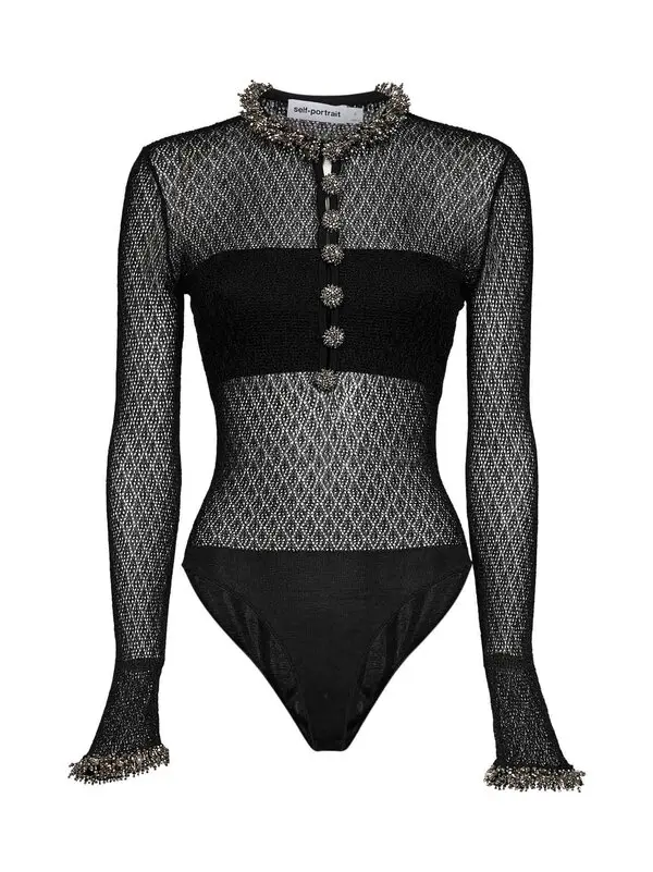 SELF-PORTRAIT Black Pointelle Knit Embellished Bodysuit - Multicolor
