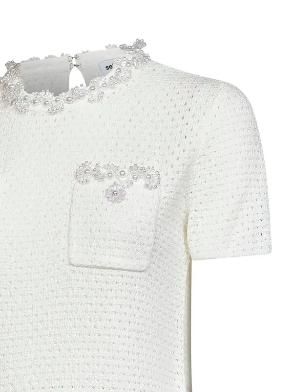 SELF-PORTRAIT Cream Openwork Knit Top With Bead Embroidery