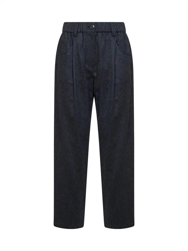 Brunello Cucinelli Anthracite Wool Flannel Baggy Trousers With Monili - Multicolor