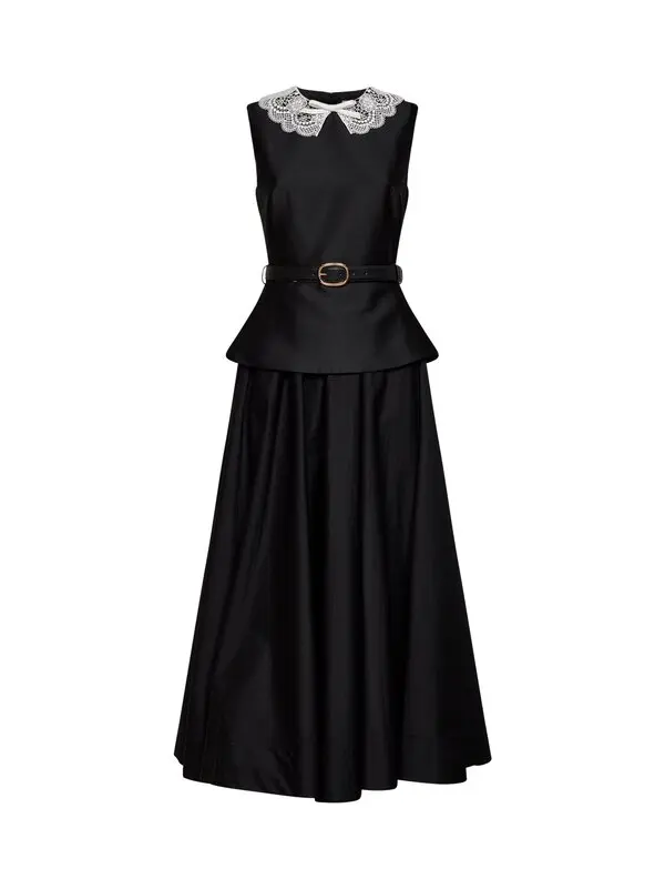 SELF-PORTRAIT Black Taffeta Belted Peplum Midi Dress - Multicolor