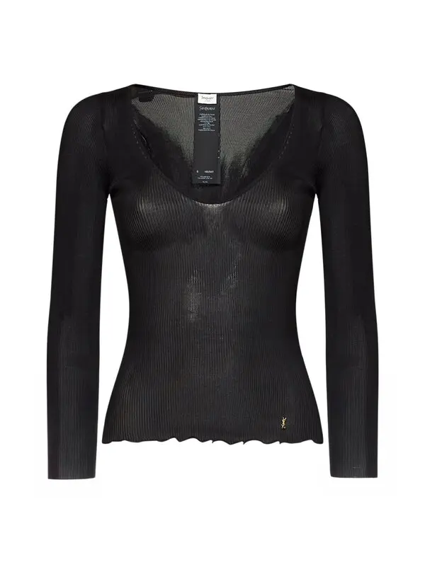 Saint Laurent Black Ribbed Silk Knit Cassandre Top - Multicolor