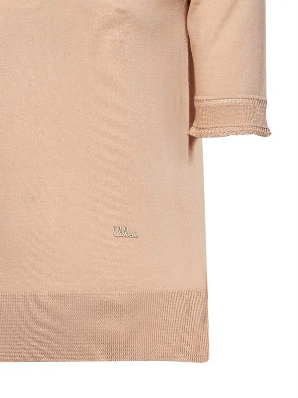 Chloé Tender Peach Virgin Wool Knit Embroidered Short-sleeved Sweater