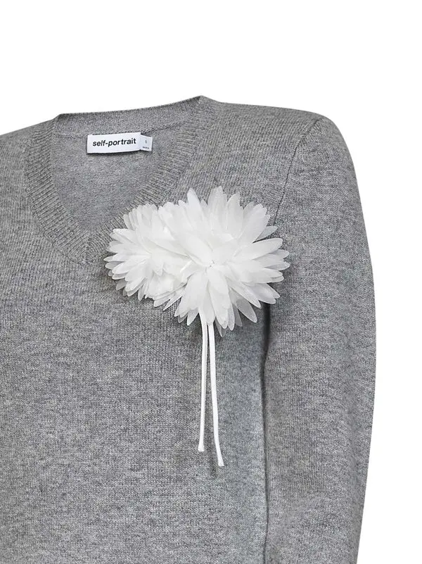 SELF-PORTRAIT Grey Wool And Cashmere Blend V-neck Flower Sweater - Multicolor