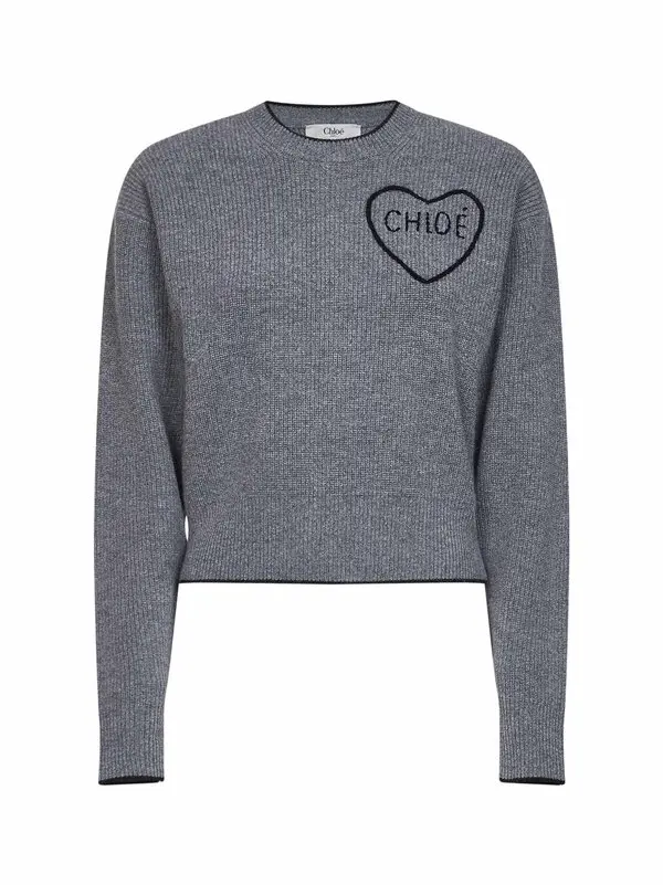 Chloé Divine Grey Wool And Cashmere Knit Embroidered Crewneck Sweater - Multicolor