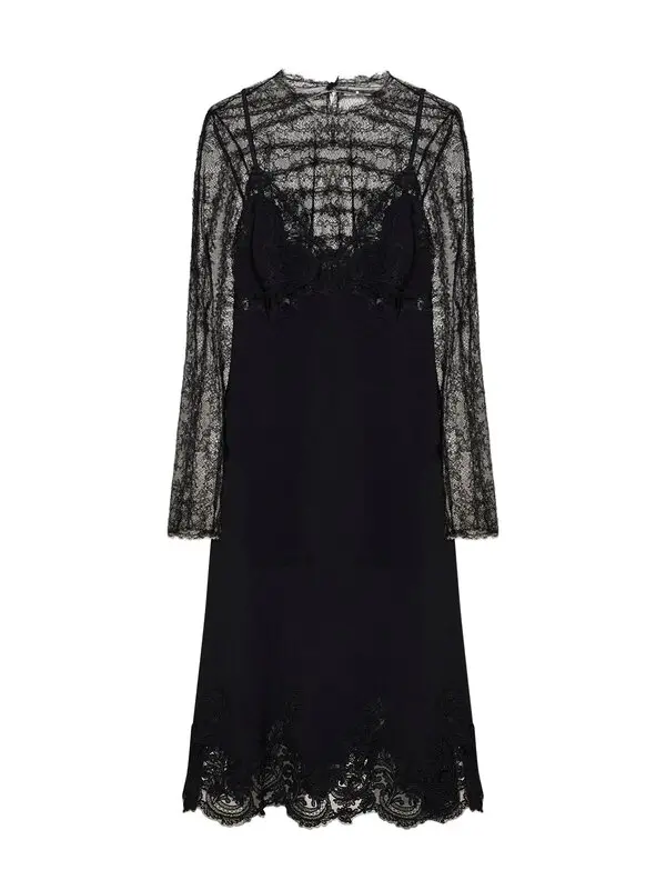 ERMANO SCERVINO Ermanno Scervino Black Cady And Lace Midi Lingerie Dress With Tulle Top - Multicolor