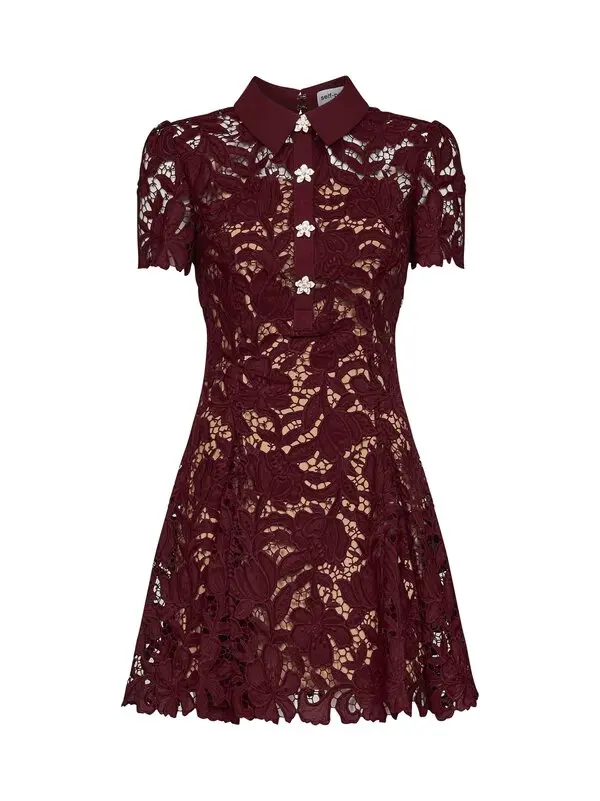 SELF-PORTRAIT Burgundy Macramé Lace Flared Mini Dress - Multicolor