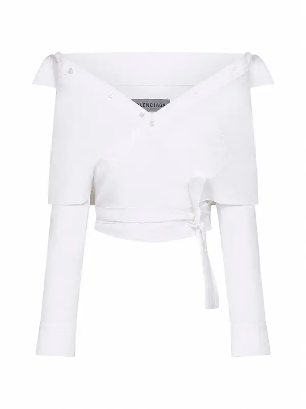 Balenciaga White Cotton Poplin Off-shoulder Wrap Shirt - Multicolor