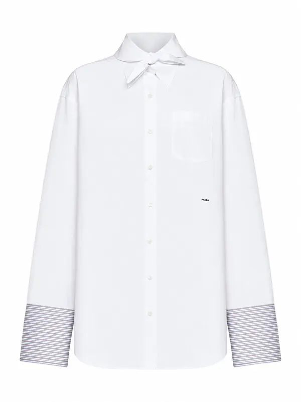 Prada Abbigliamento White Poplin Oversized Shirt With Striped Cuffs - Multicolor