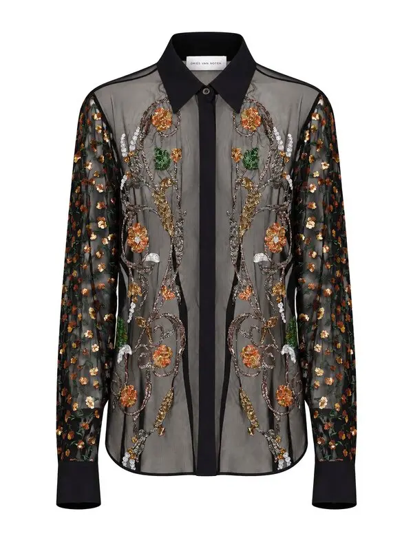 Dries Van Noten Black Chiffon Chowy Embroidered Shirt - Multicolor