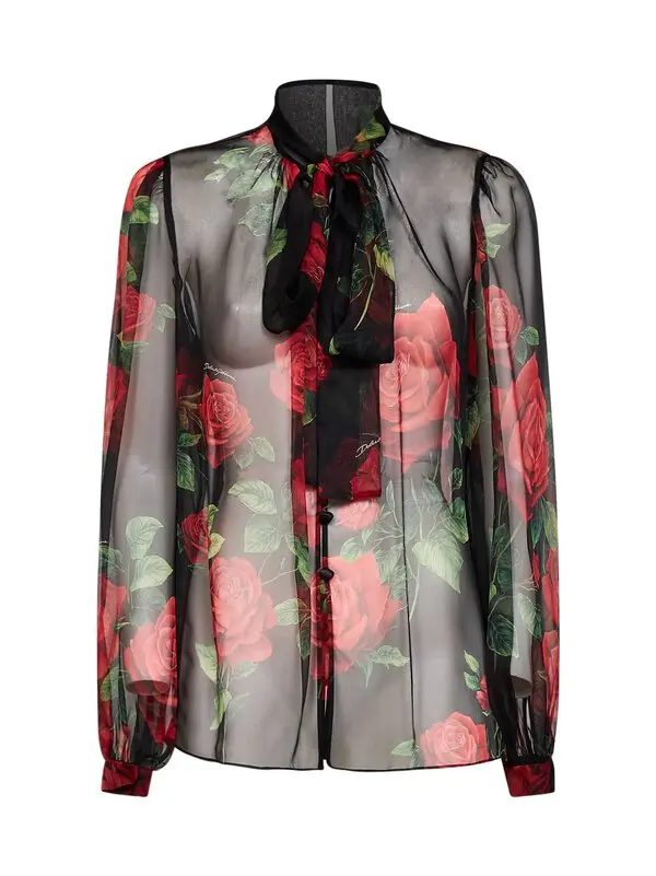Dolce & Gabbana Black Rose-print Silk Chiffon Blouse - Multicolor