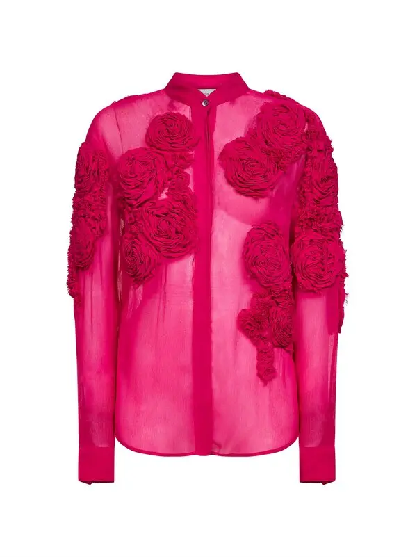 Dries Van Noten Fuchsia Silk Muslin Shirt With 3d Flowers - Multicolor