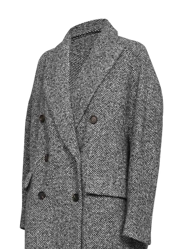 Brunello Cucinelli Grey Herringbone Double-breatsed Coat