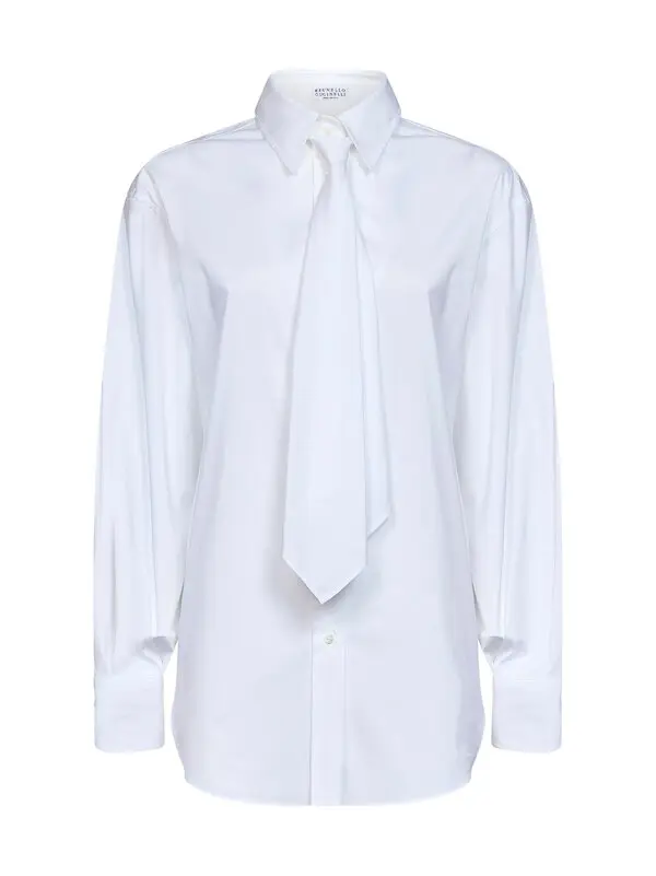 Brunello Cucinelli White Stretch Poplin Shirt With Tie And Monili - Multicolor
