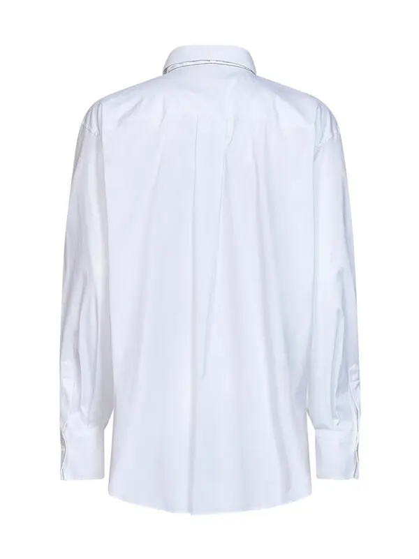 Brunello Cucinelli White Stretch Poplin Shirt With Tie And Monili