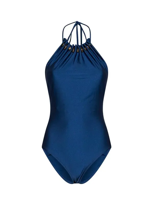 Zimmermann Dark Cobalt Lycra Aster Gathered Beaded One-piece Swimsuit