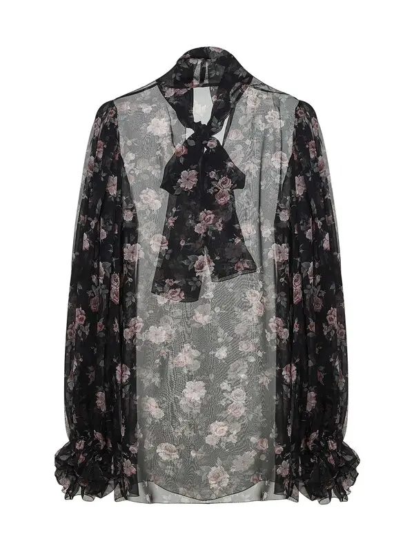 Dolce & Gabbana Black Vintage Rose-print Chiffon Top