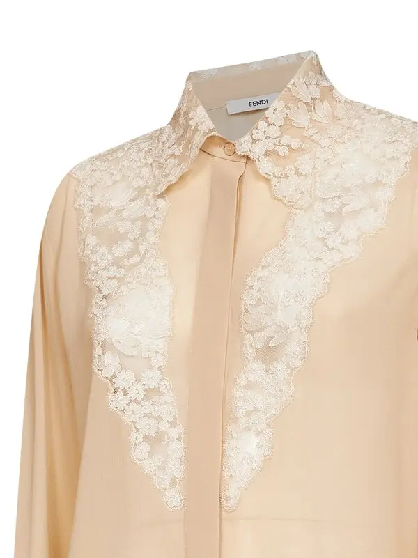 Fendi Parchment Georgette Shirt With Lace Inserts