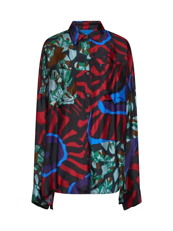 Dries Van Noten Red Marbled Clay-print Fluid Twill Casia Cocoon Shirt - Multicolor