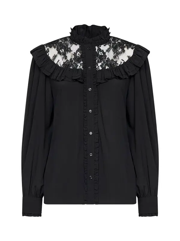 Chloé Black Silk Crêpe De Chine Ruffled Blouse With Lace Detail - Multicolor