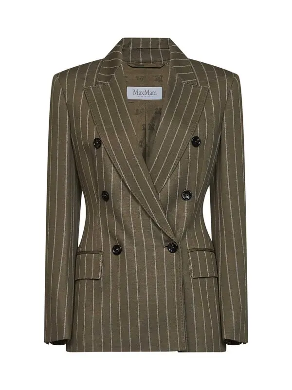 Max Mara Khaki Green Pinstriped Jersey Mxmbalta Double-breasted Blazer