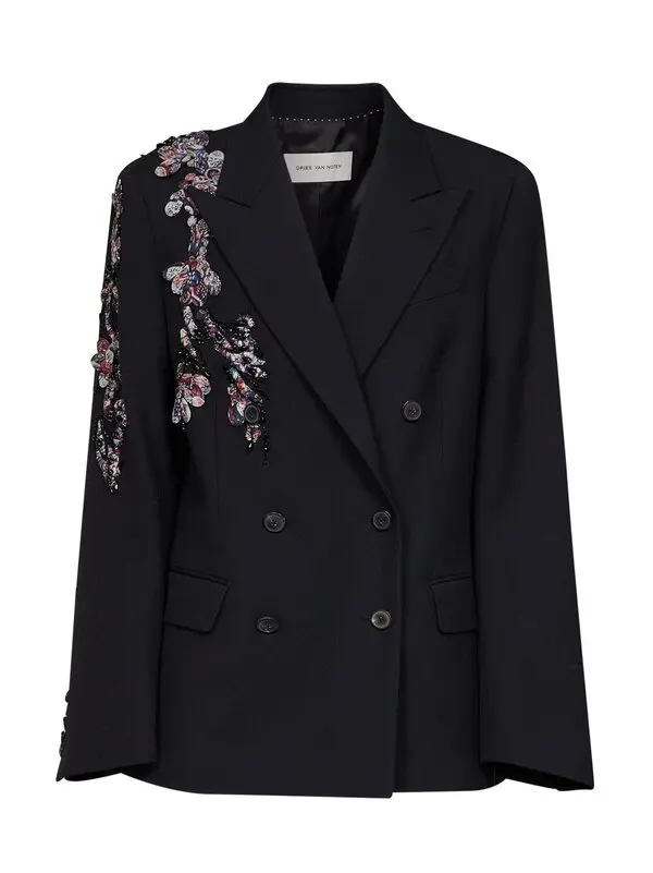 Dries Van Noten Black Wool Barrysta Double-breasted Embroidered Jacket