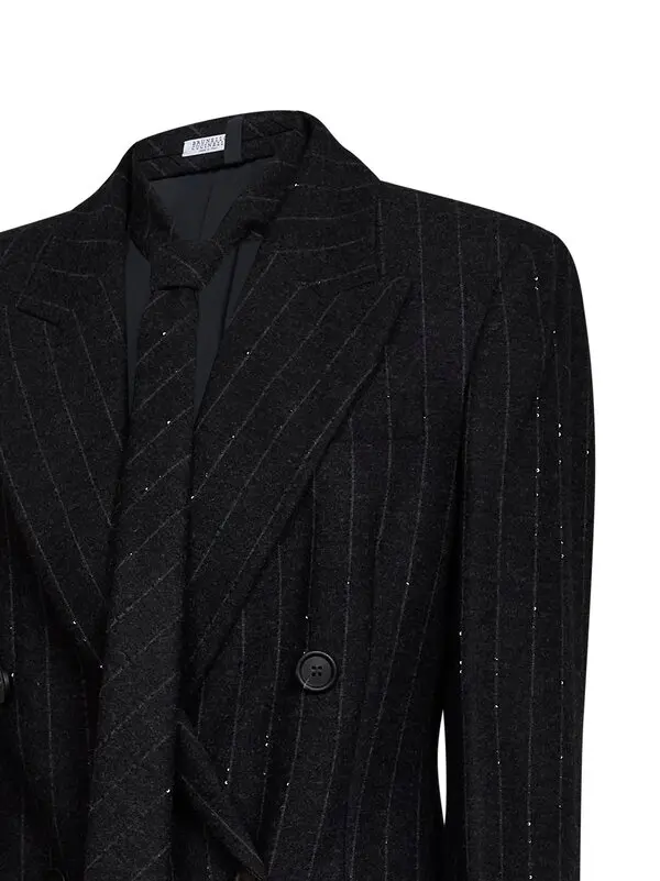 Brunello Cucinelli Anthracite Sequin Pinstriped Wool-blend Blazer With Tie