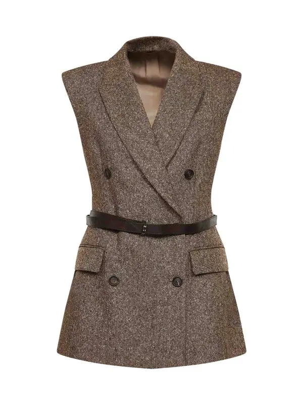 Brunello Cucinelli Brown Belted Wool Double-breasted Waistcoat - Multicolor