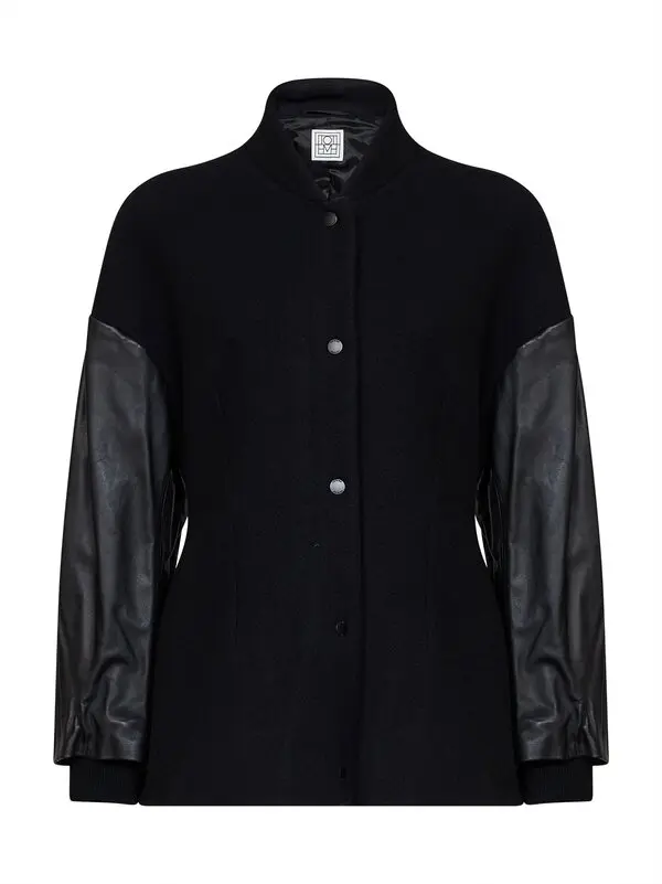 TOTEME Black Wool-blend Varsity Jacket With Leather Sleeves