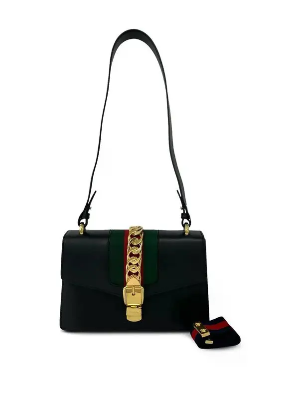 Gucci 2016-2026 Small Calfskin Web Sylvie Satchel - Black