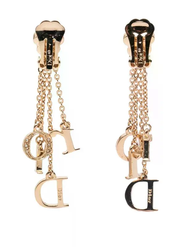 Dior 2000-2026 Plated Strass Flower Logo Charm Drop Clip On Earrings Costume Earrings - Gold