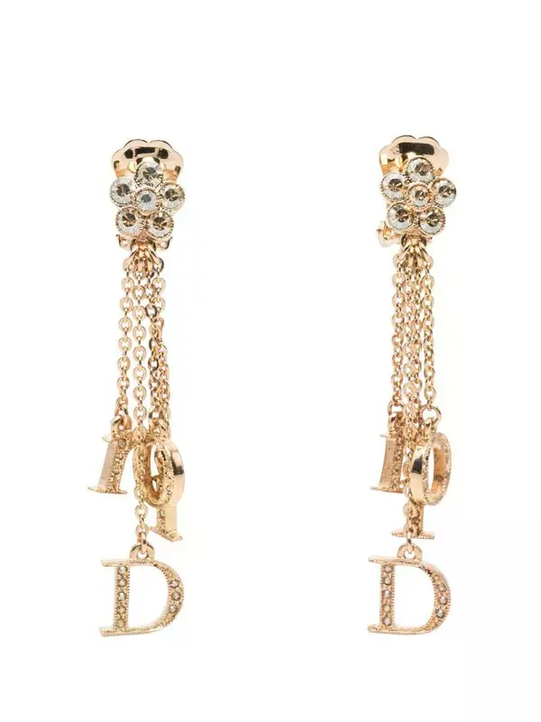 Dior 2000-2026 Plated Strass Flower Logo Charm Drop Clip On Earrings Costume Earrings - Gold