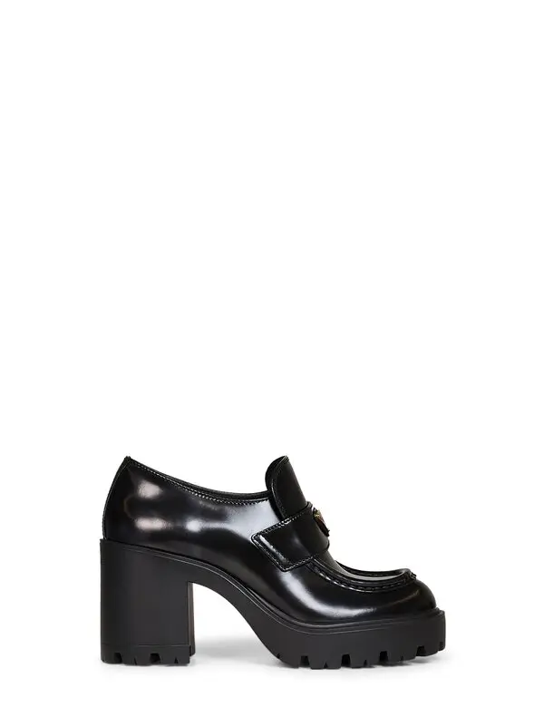 Prada Calzature Black Brushed Leather Heeled Loafers - Multicolor