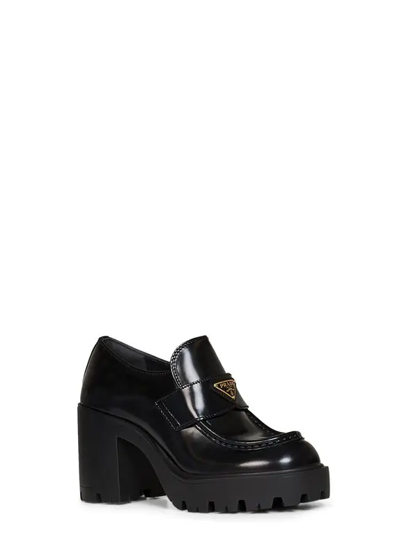 Prada Calzature Black Brushed Leather Heeled Loafers