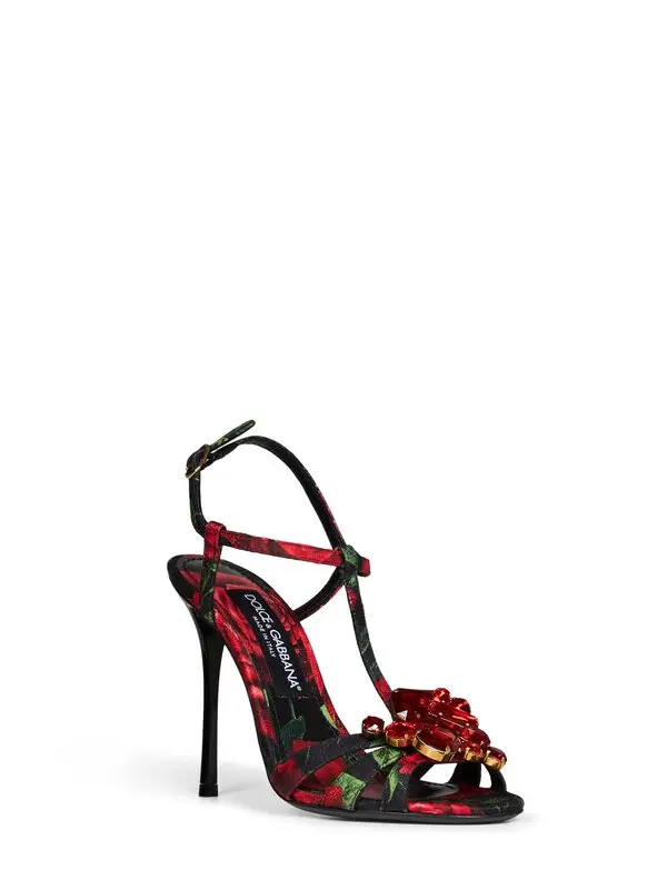 Dolce & Gabbana Black Rose-print Brocade Sandals With Jeweled Brooch