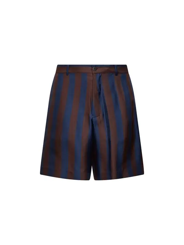 Fendi Brown And Navy Blue Pequin Silk Bermuda Shorts - Multicolor