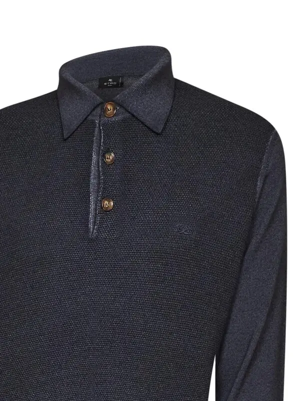 Etro Indigo Two-tone Wool Knit Logo-embroidered Polo Shirt