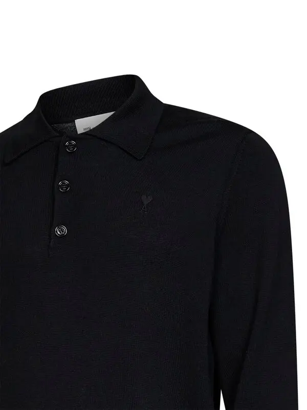 AMI Paris Black Extra-fine Merino Wool Knit De Cœur Polo Shirt - Multicolor