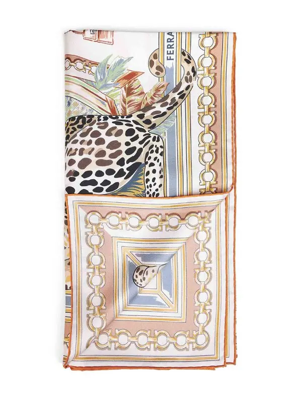 FERRAGAMO Ivory And Orange Felini-print Silk Scarf - Multicolor