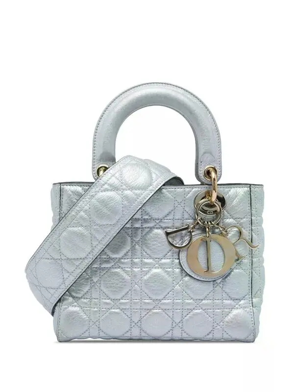 Dior 2017 Small Metallic Grained Calfskin Cannage Supple Lady Satchel - Silver