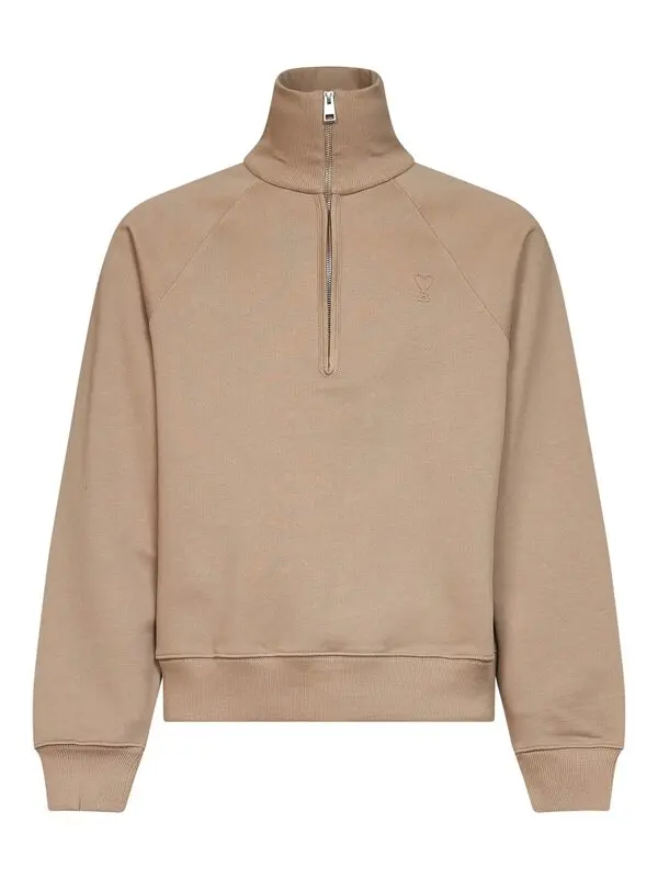 AMI Paris Beige Cotton De Cœur Half-zip Sweatshirt - Multicolor