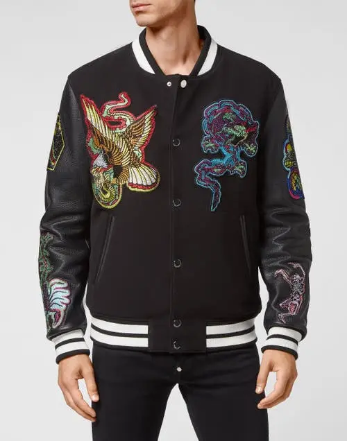 Philipp Plein Leather Bomber Tattoo - Black