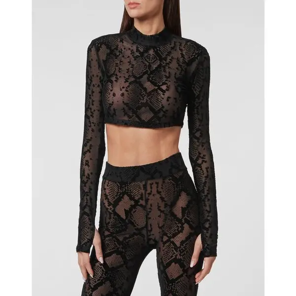 Philipp Plein Flocked Python Print Ls Crop Top - Black