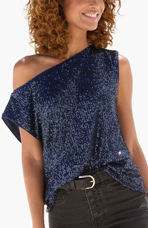 LASCANA Convertible Neckline Sequin Top - Navy