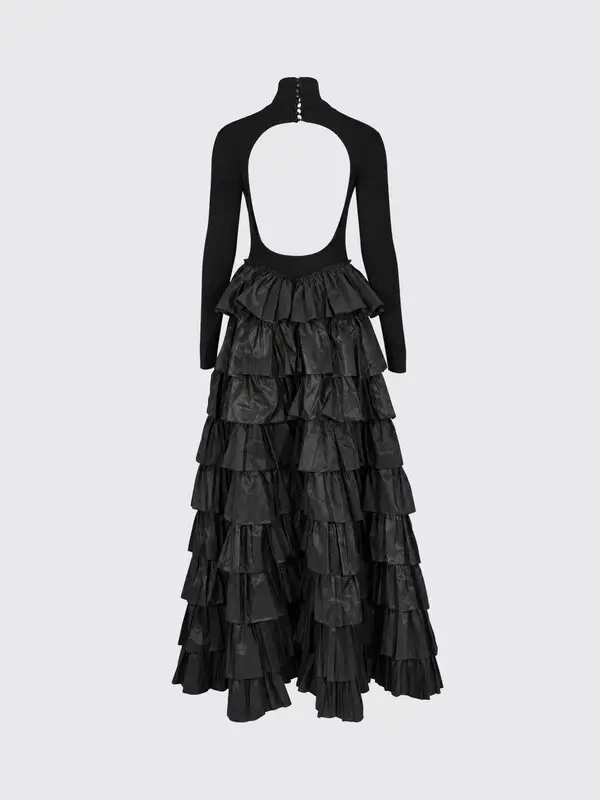 Elisabetta Franchi Long Knit Evening Gown With Turtleneck And Ruffles