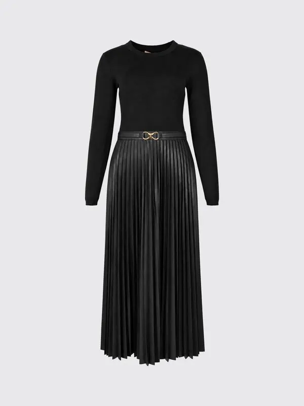 TWINSET Long-sleeved Pleated Jersey Maxi Dress - Black