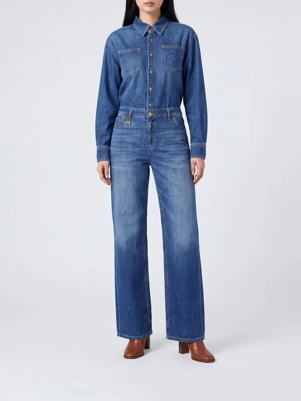 Elisabetta Franchi Cotton Denim Jumpsuit With Classic Collar - Blue