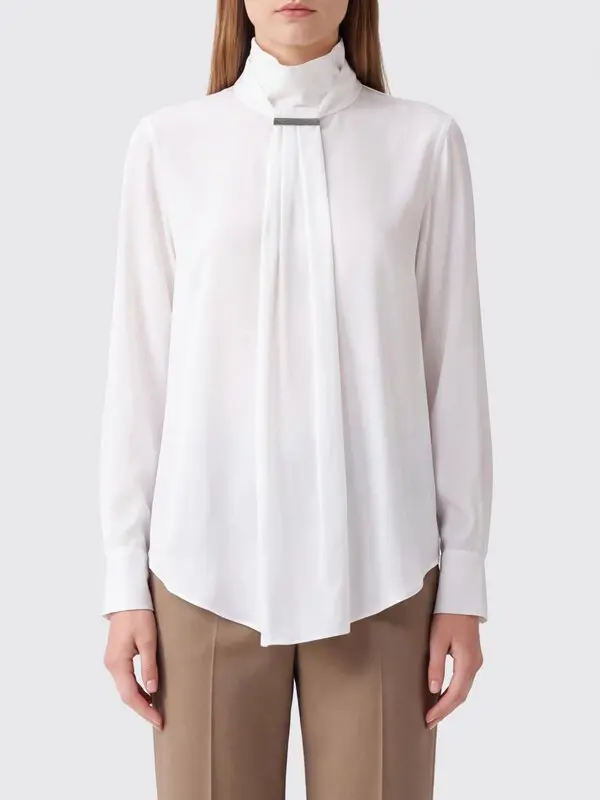 Brunello Cucinelli High-neck Cotton-blend Blouse With Monili Embellishment
