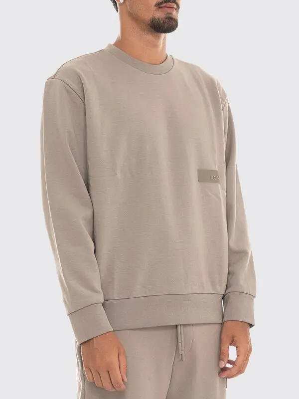 BOSS Regular Fit Crewneck Cotton-blend Jumper With Tonal Logo - Mud